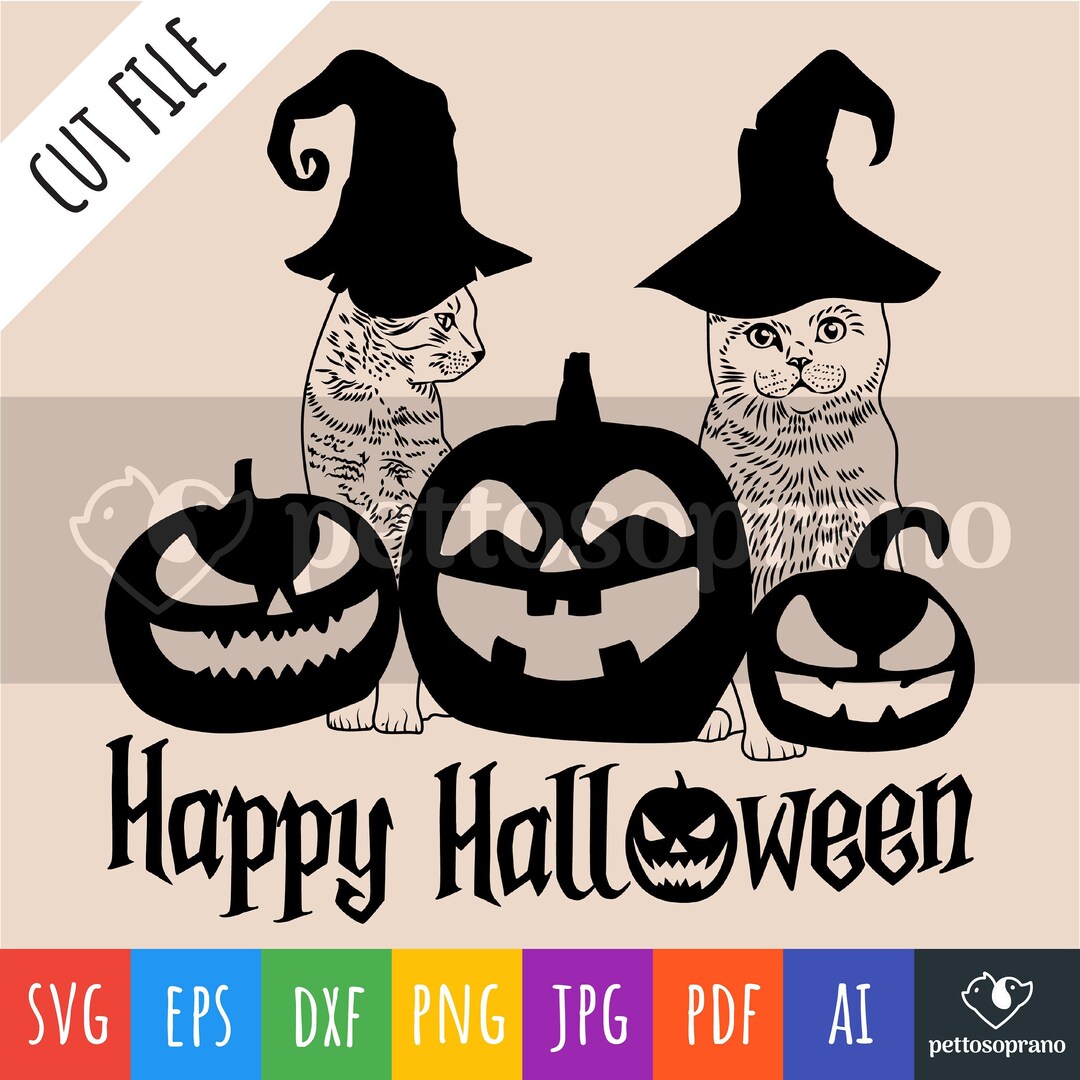 Halloween Witch Cats With Pumpkins Instant Digital Downloadable File ...