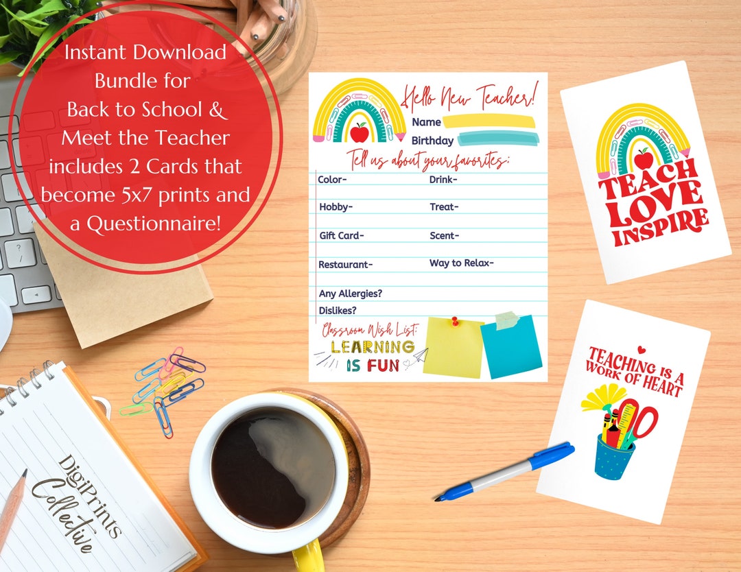 Teacher Favorites Things Questionnaire & Card Prints Bundle | Back to ...