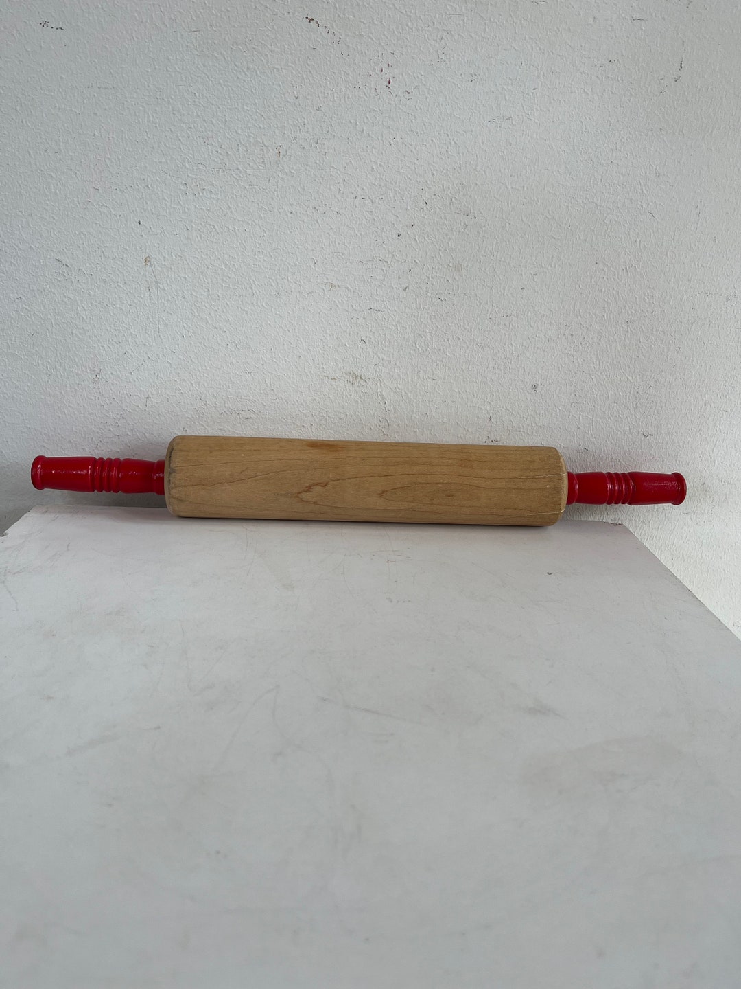 Vintage Red Handle Wood Rolling Pin - Etsy