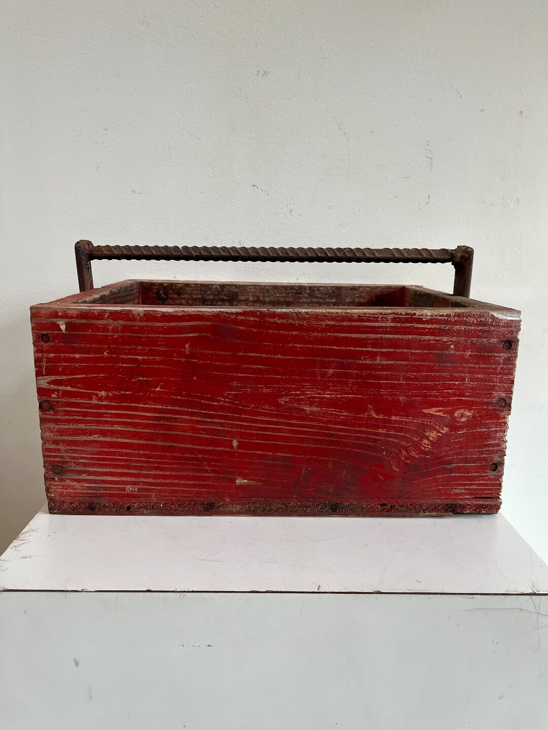 Vintage Red Wood Box With Metal Rebar Handle - Etsy