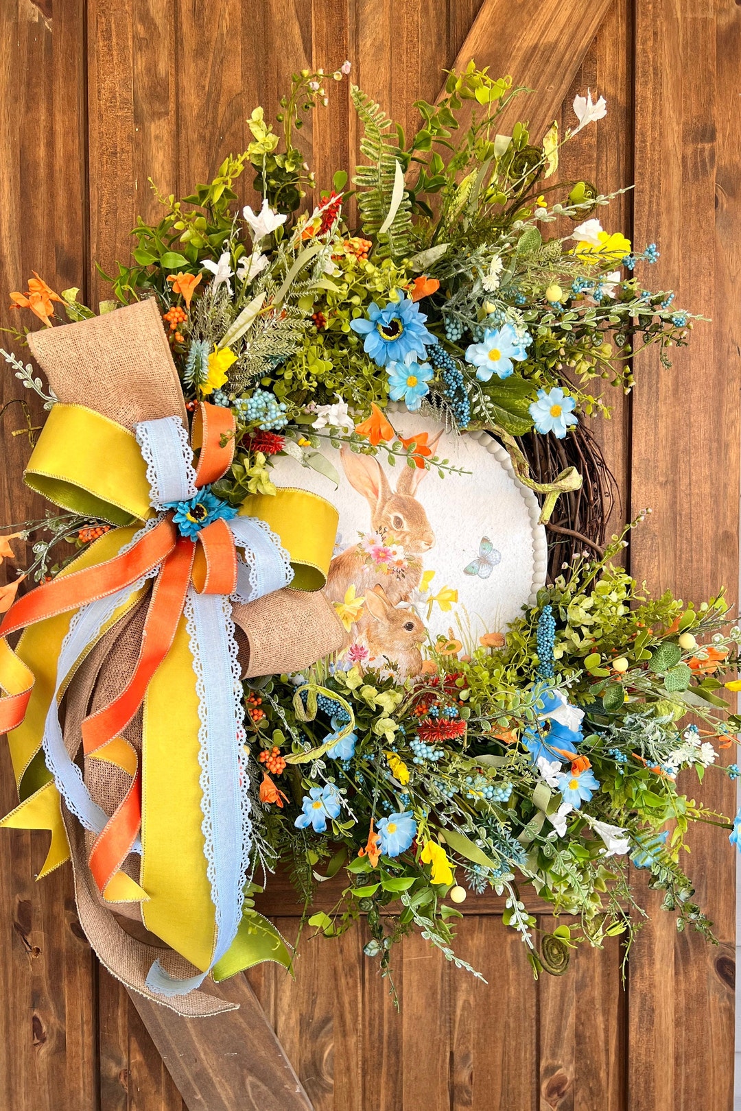Spring Easter Grapevine Wreath, Farmhouse Wreath With Easter Bunny ...