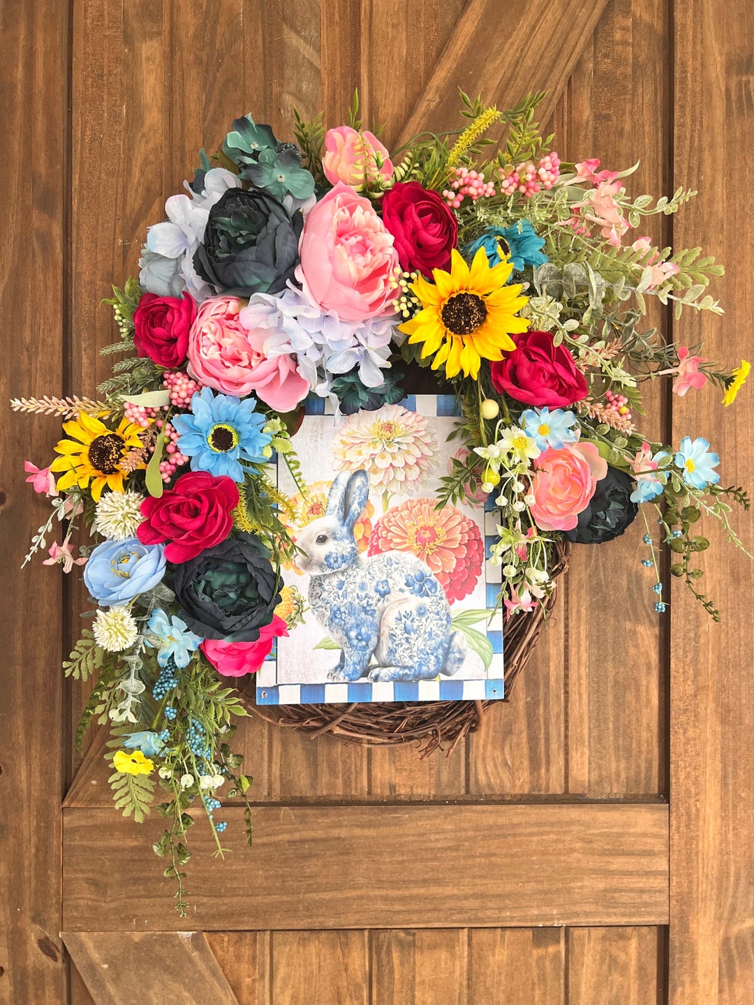 Spring Easter Grapevine Wreath, Easter Bunny Floral Door Decor ...