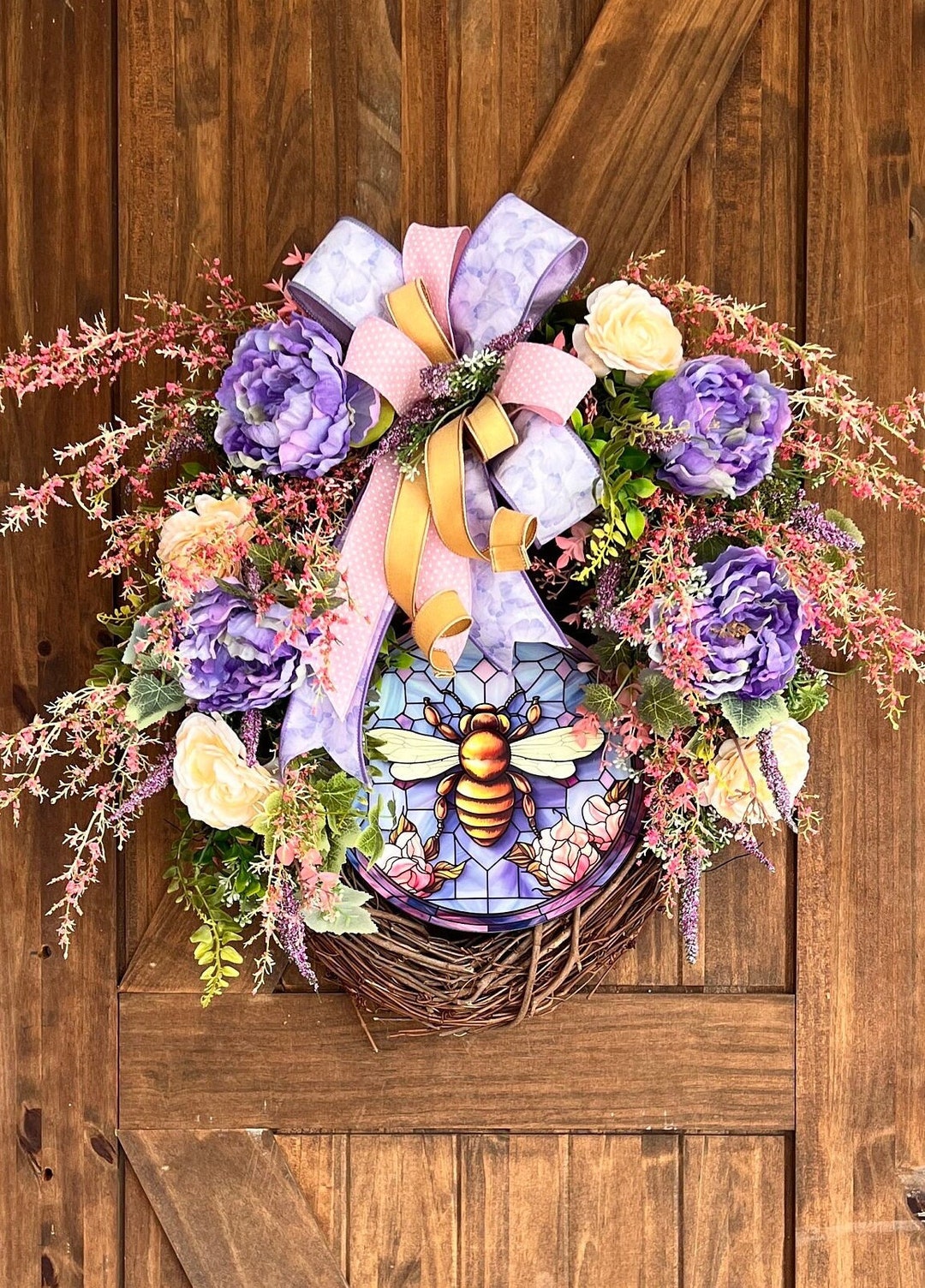 Spring Summer Bumble Bee Grapevine Wreath, Bee Stained Glass Floral ...