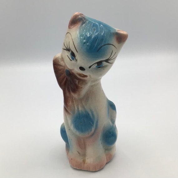 Vintage Ceramic Cat White With Blue Pink and Brown Accents - Etsy
