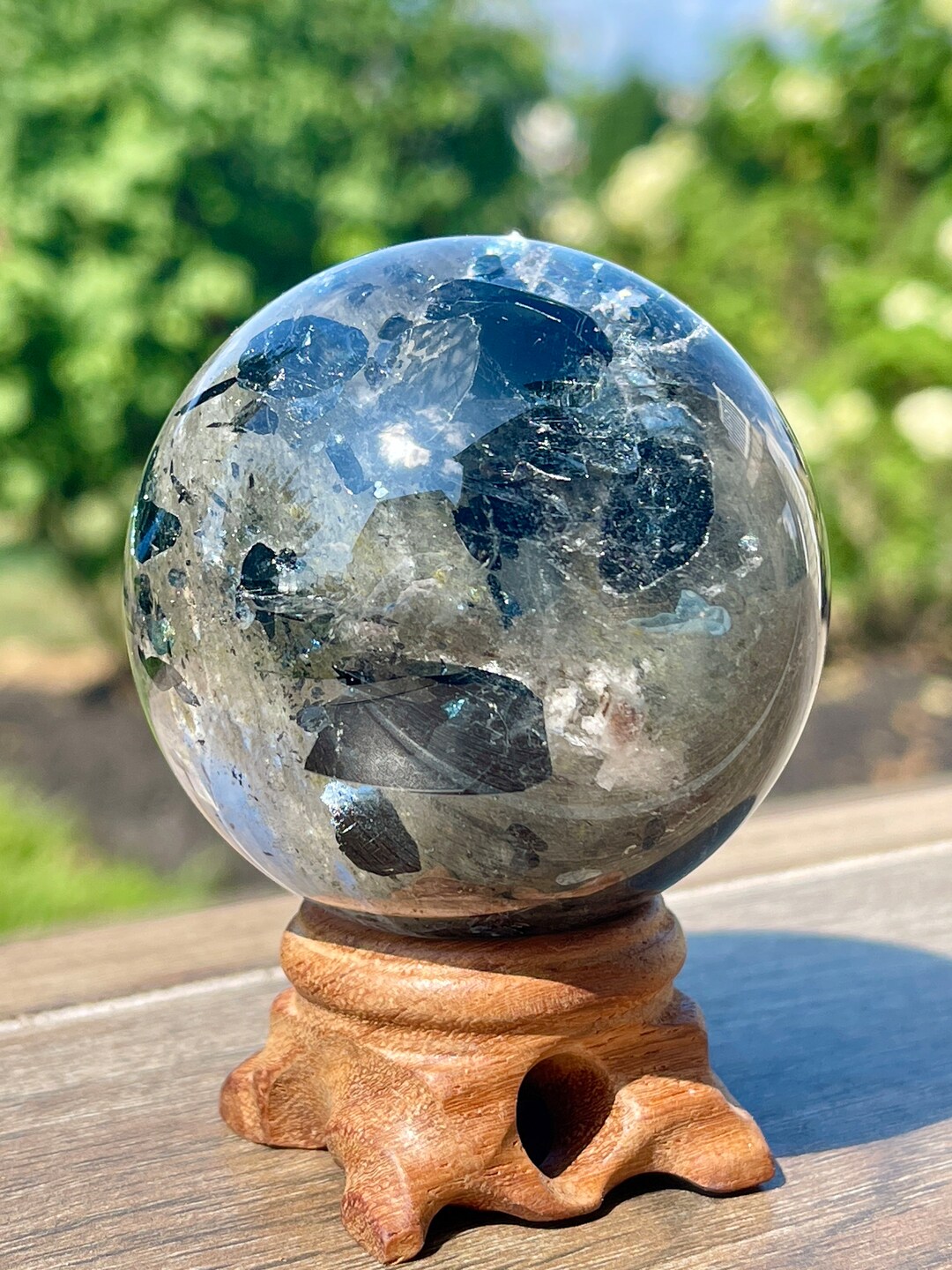 Large Black Mica Inclusion Garden Quartz Crystal Sphere Ball With Stand ...