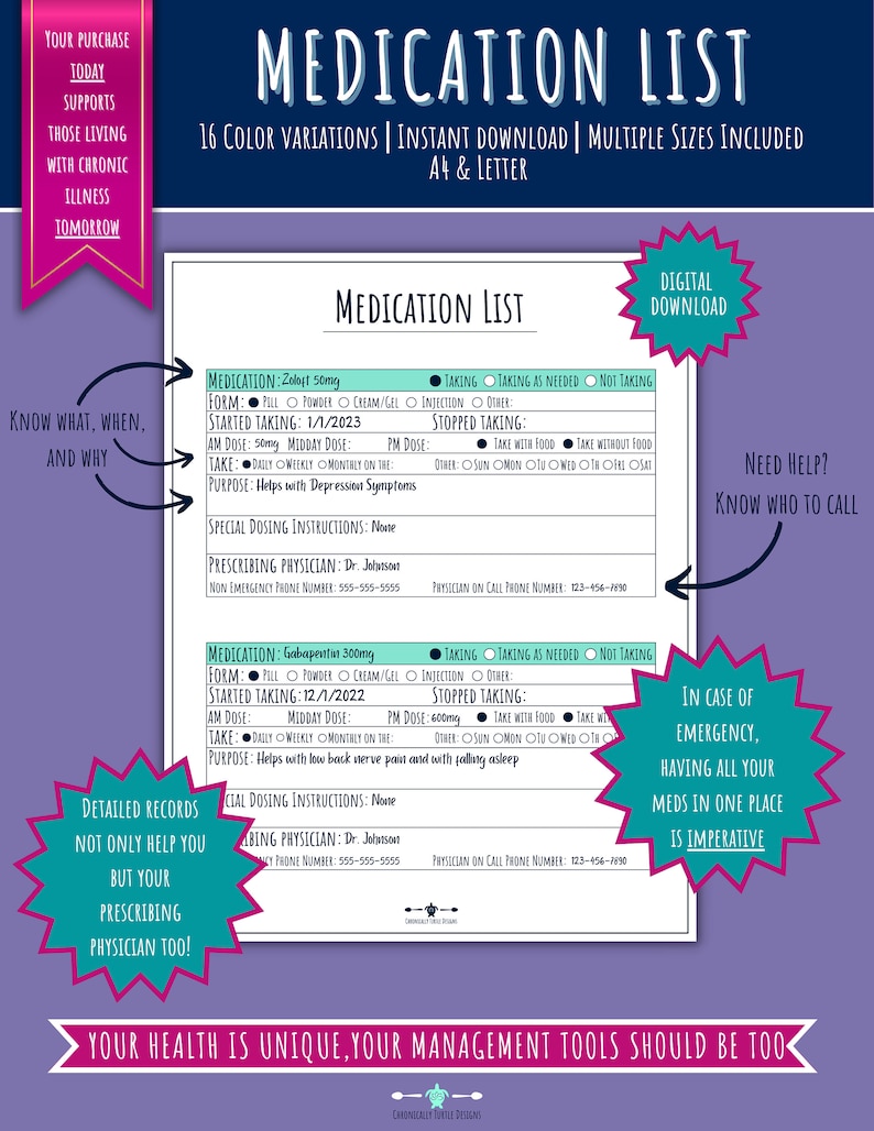 Printable Medication List | Digital Medication List | Chronic Illness ...