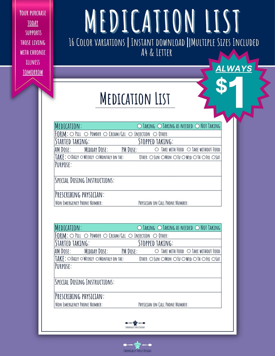 Printable Medication List | Digital Medication List | Chronic Illness ...
