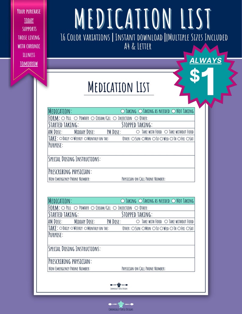 Printable Medication List | Digital Medication List | Chronic Illness ...