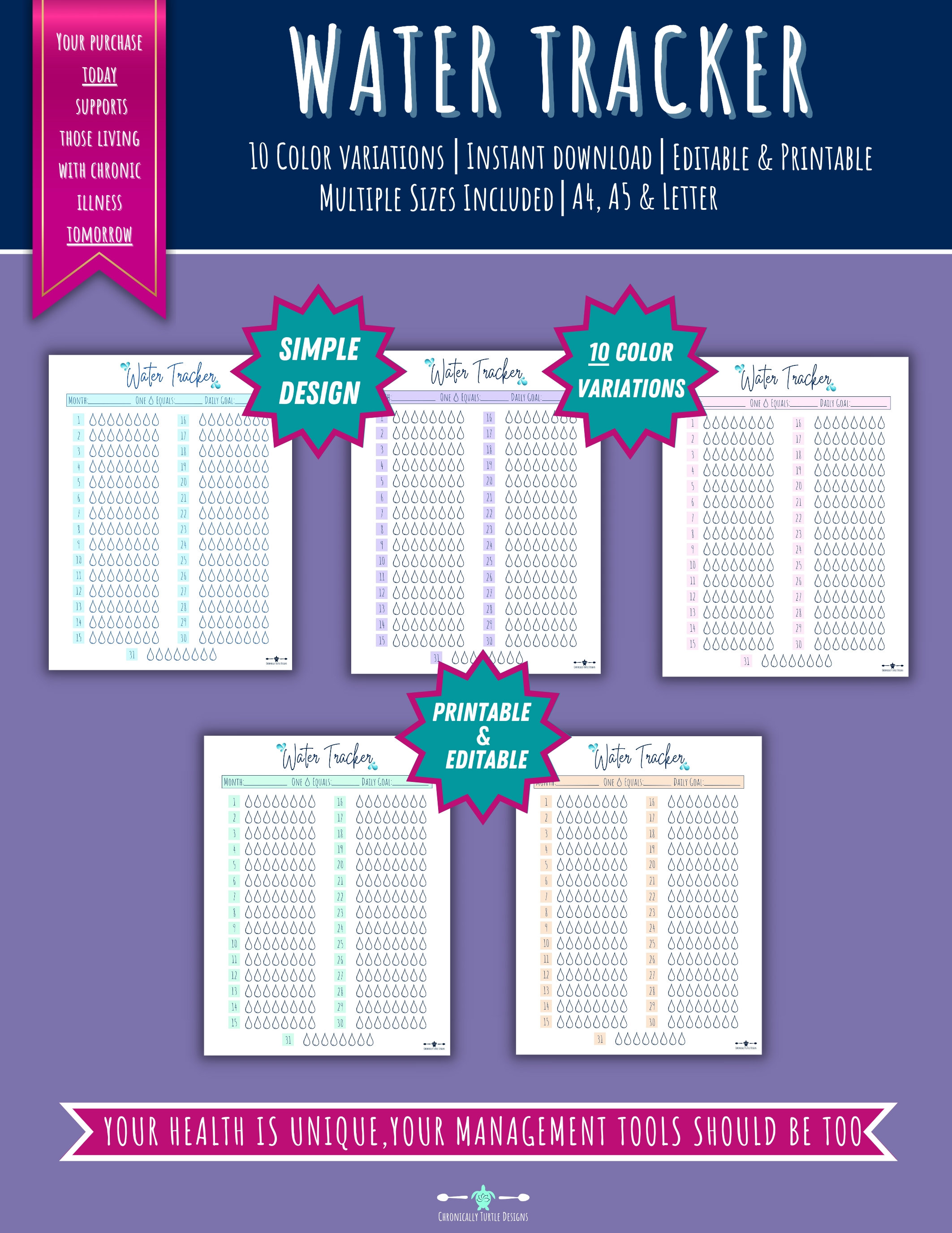 Water Tracker, Fillable and Printable, Habit Tracker Printable, Daily ...