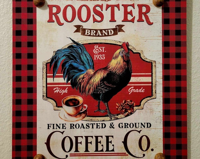 Rooster Wall Hanger, Coffee Bar Sign, Buffalo Check Rustic Rooster ...