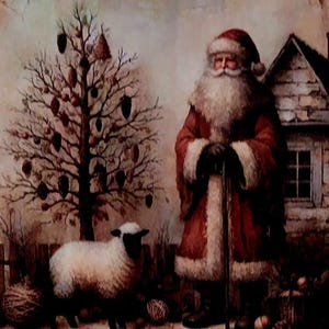 Vintage Santa and Sheep by Christmas Tree Primitive Wood Canvas Wall ...