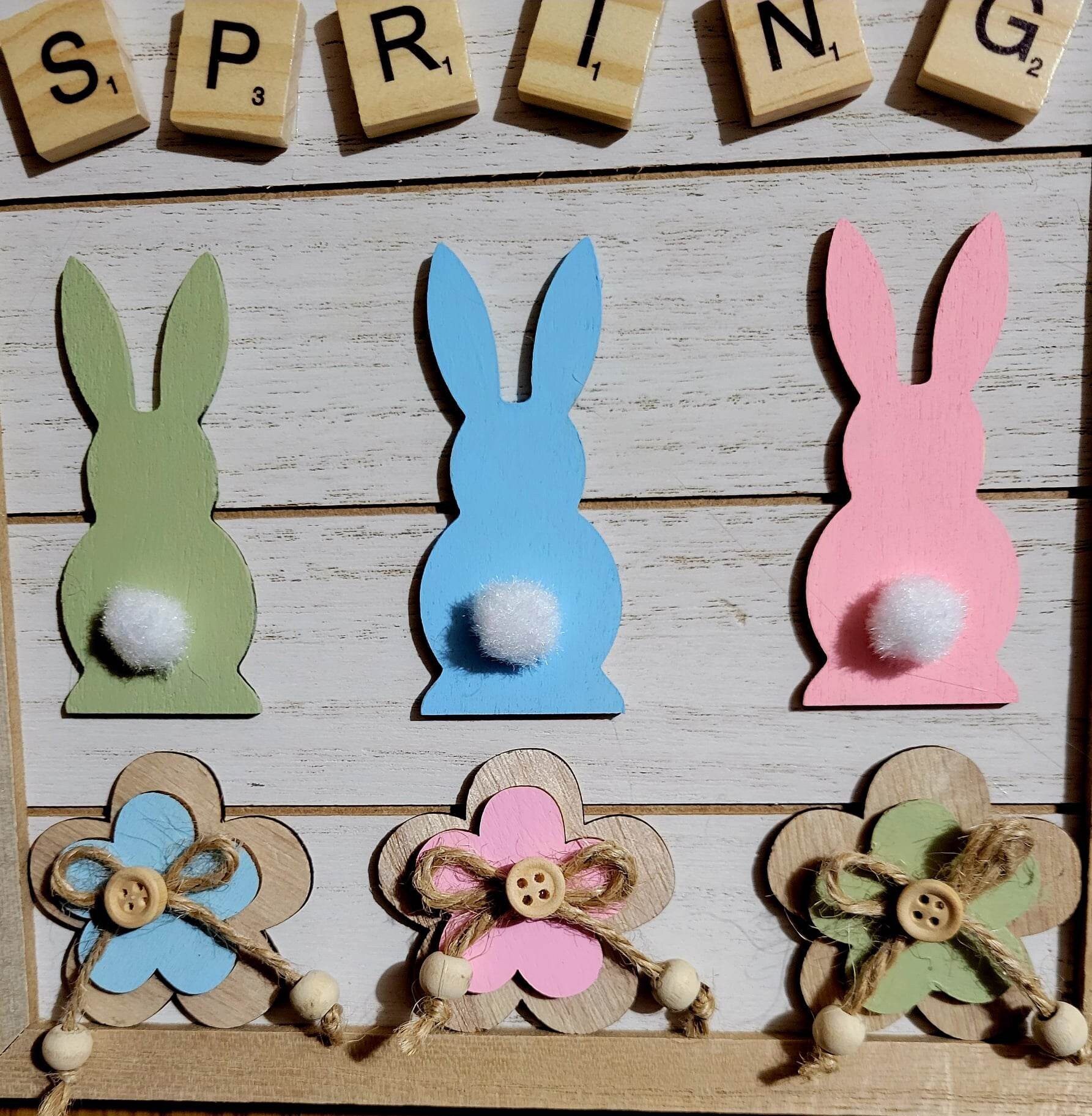 Spring Wood Sign With Beaded Hanger Wall Decor Bunny Lovers Handmade ...