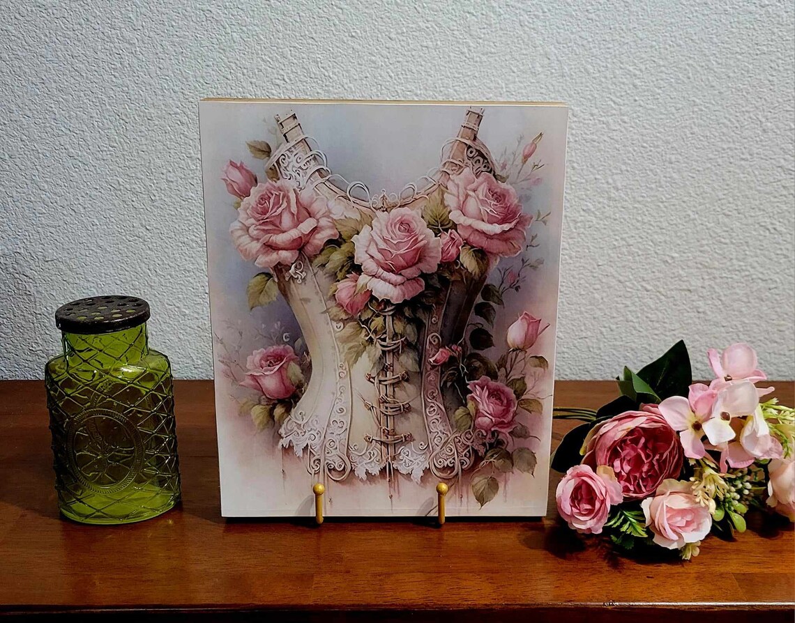 Vintage Corset and Rose Wall Art on Wood Canvas, Shabby Chic Boudoir ...