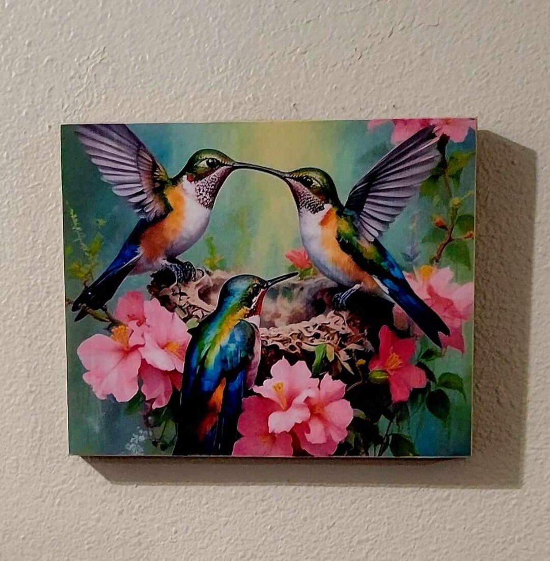Hummingbirds With Nest and Flowers Wood Canvas Wall Art Sign Home Decor ...