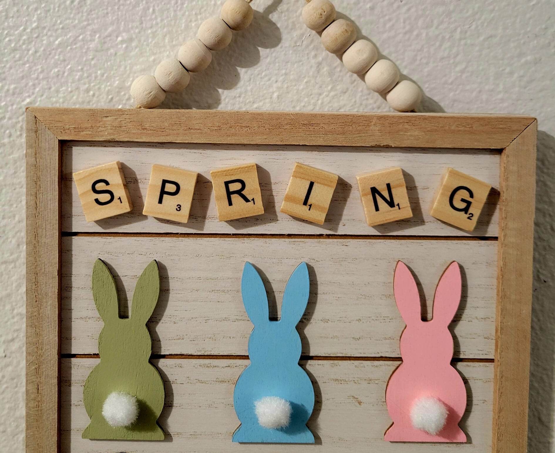Spring Wood Sign With Beaded Hanger Wall Decor Bunny Lovers Handmade ...