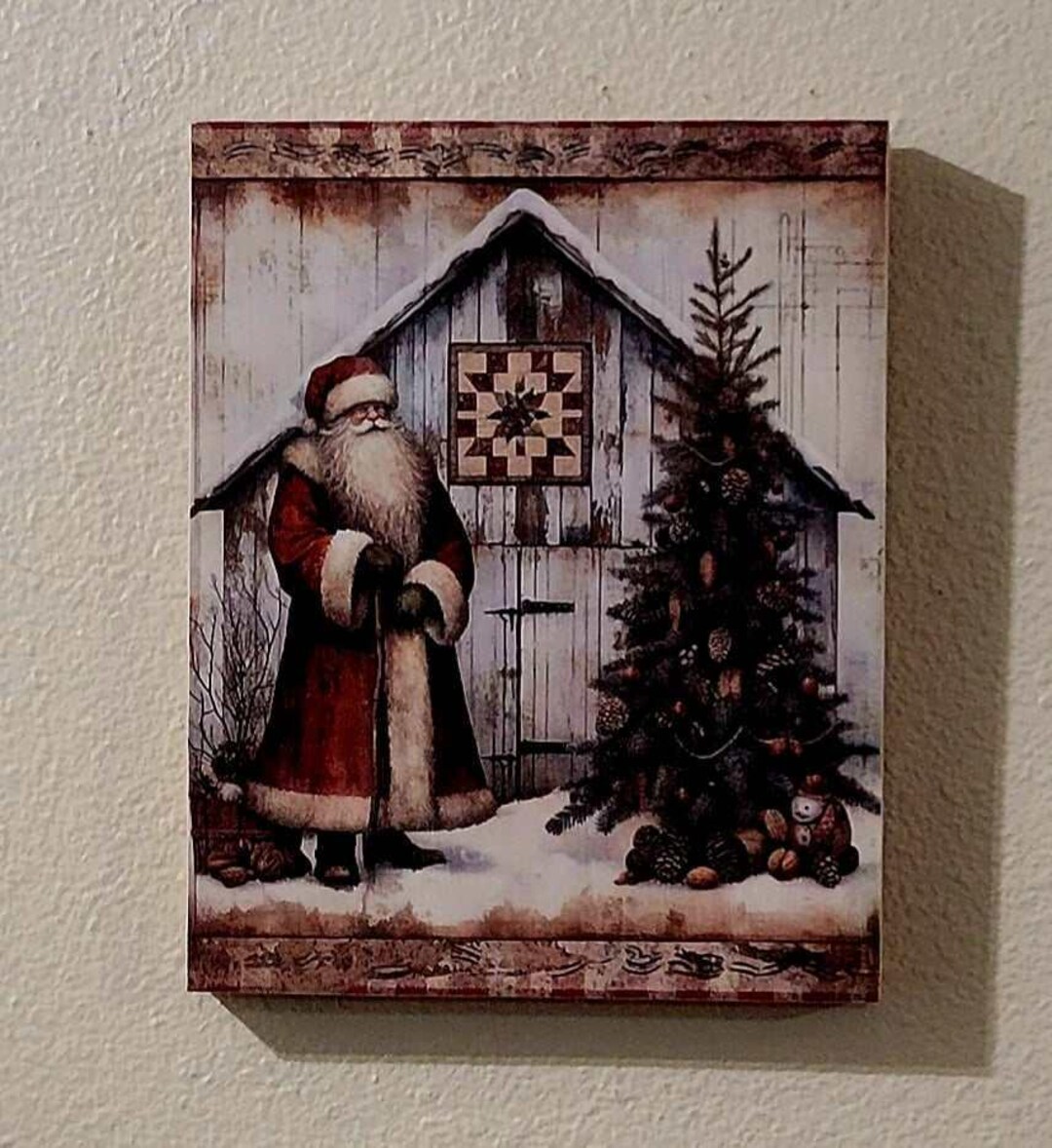 Vintage Primitive Santa Claus With Quilt on Barn and Christmas Tree ...