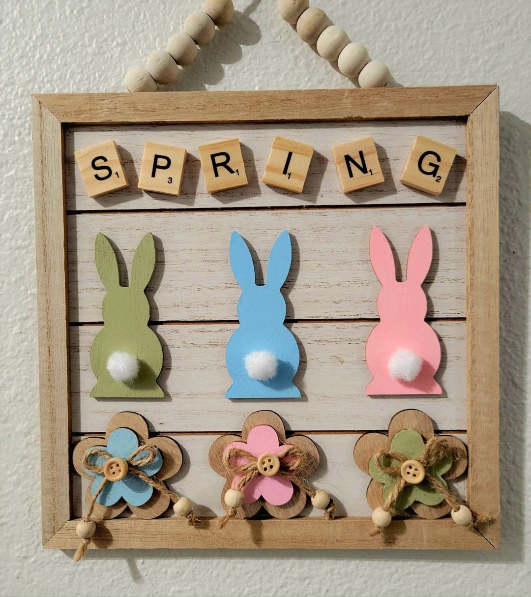 Spring Wood Sign With Beaded Hanger Wall Decor Bunny Lovers Handmade ...