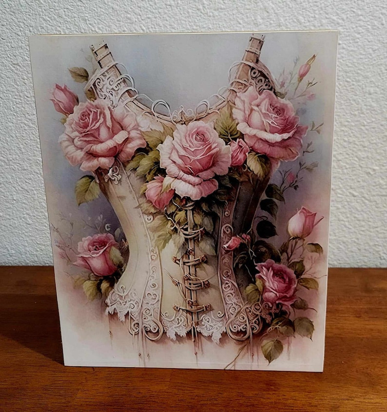 Vintage Corset and Rose Wall Art on Wood Canvas, Shabby Chic Boudoir ...
