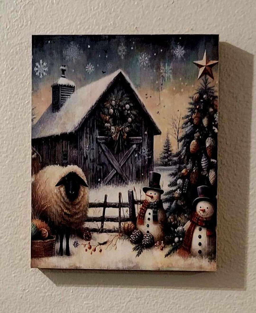 Primitive Sheep and Snowmen With Christmas Wreath on Old Barn Wood ...