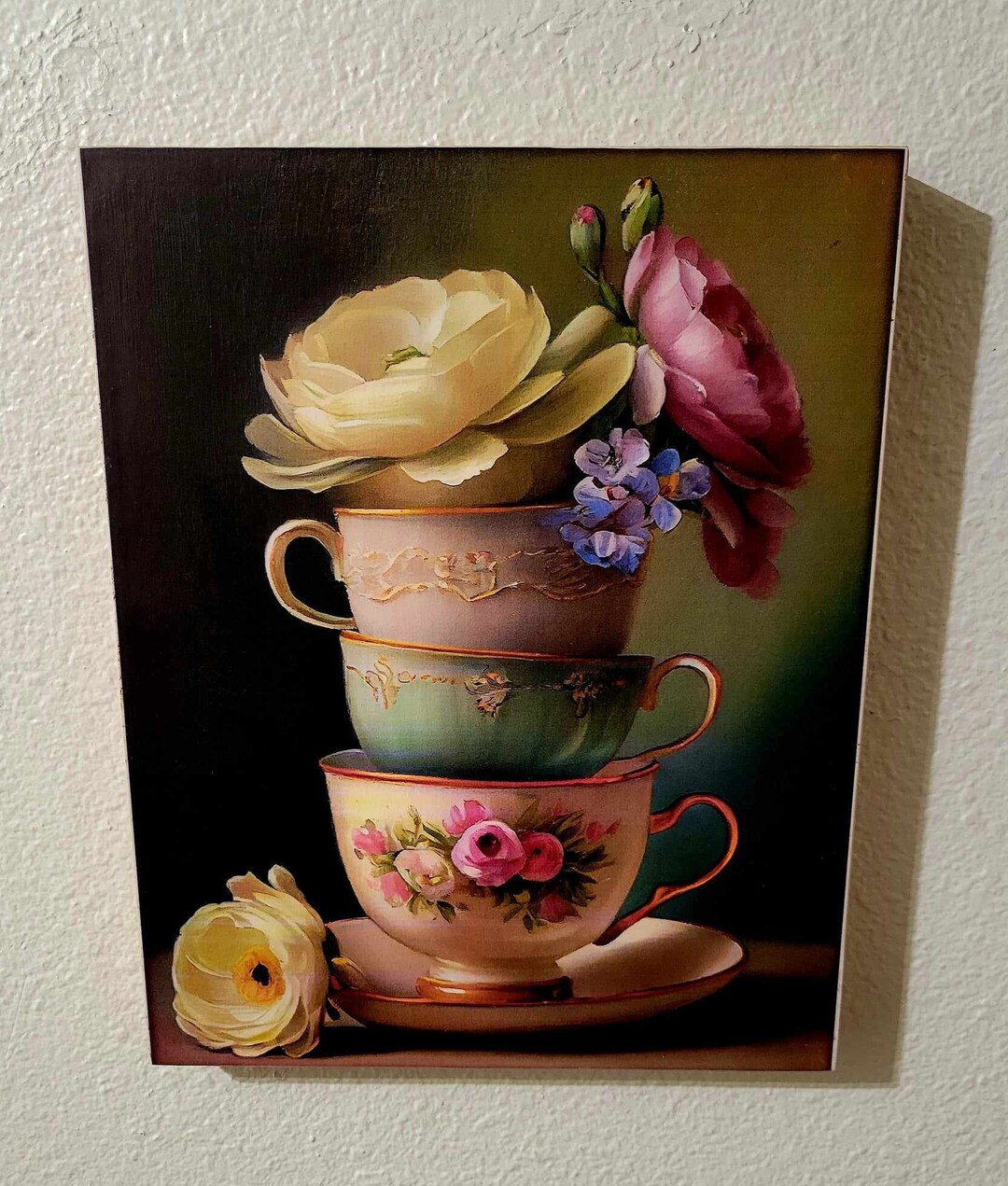 Stacked China Teacups and Flowers Shabby Chic Style Wall Art Sign ...