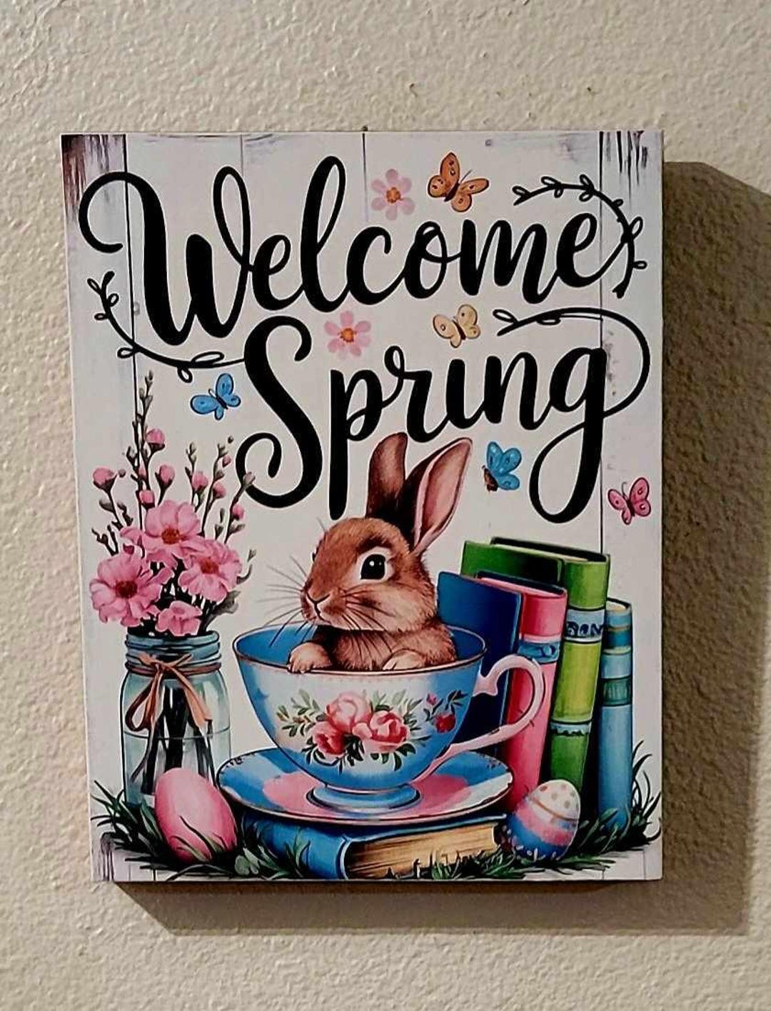 Welcome Spring Bunny in a Teacup Wood Canvas Wall Art Sign, Easter Home ...