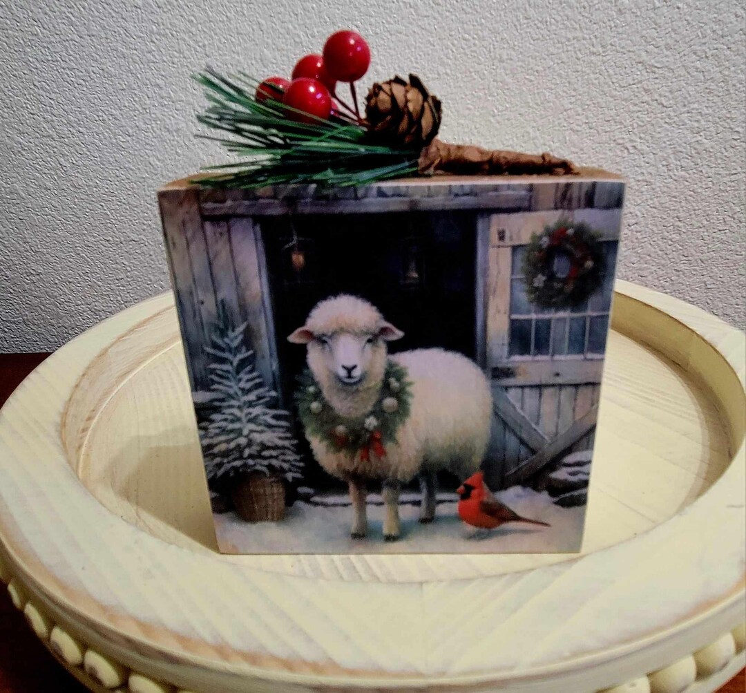 Vintage Christmas Sheep and Red Cardinal Wood Block Art Sign 4x4 Inches ...