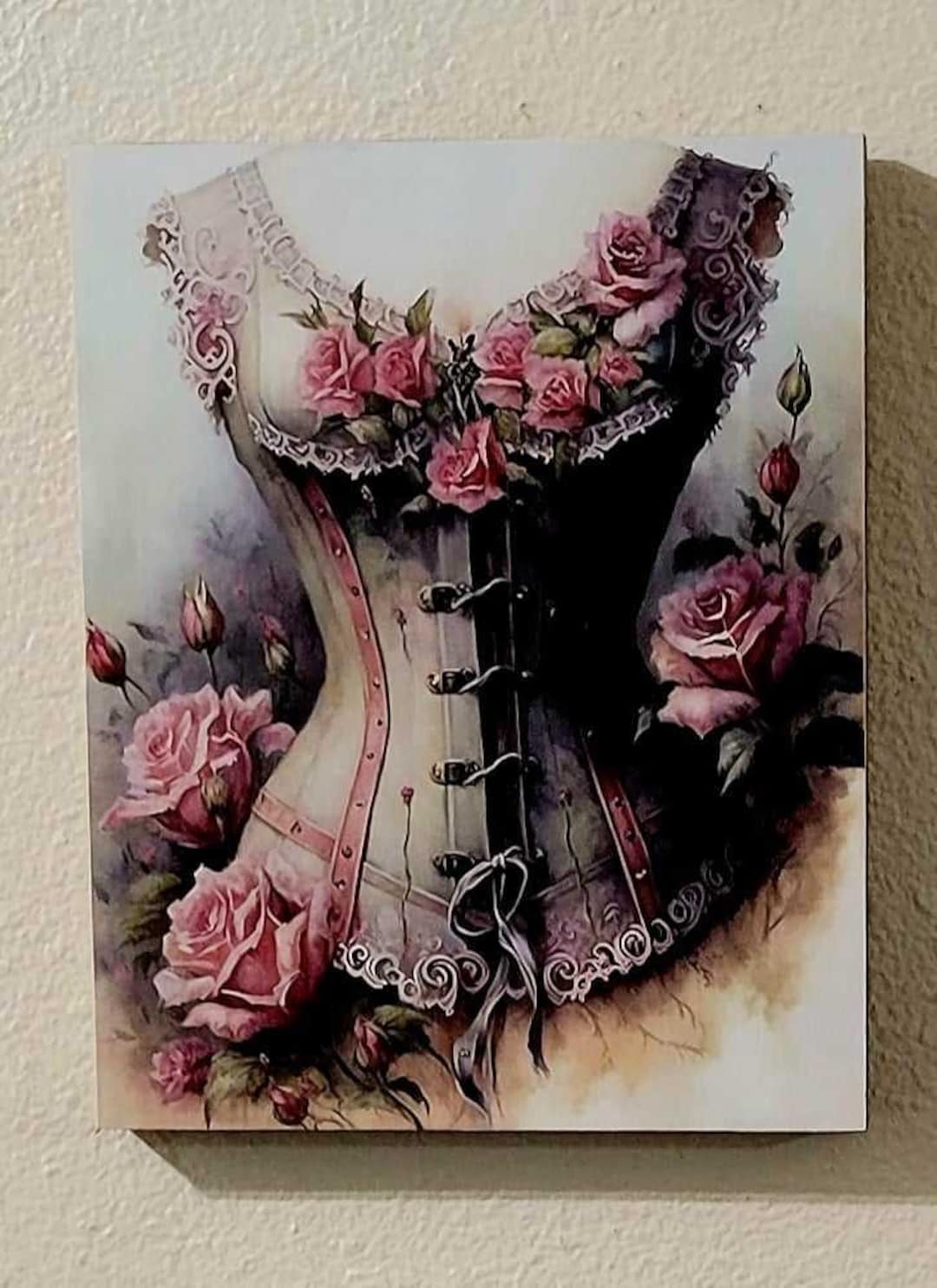 Vintage Corset & Roses Wood Canvas Art, Shabby Chic Boudoir, Bedroom ...