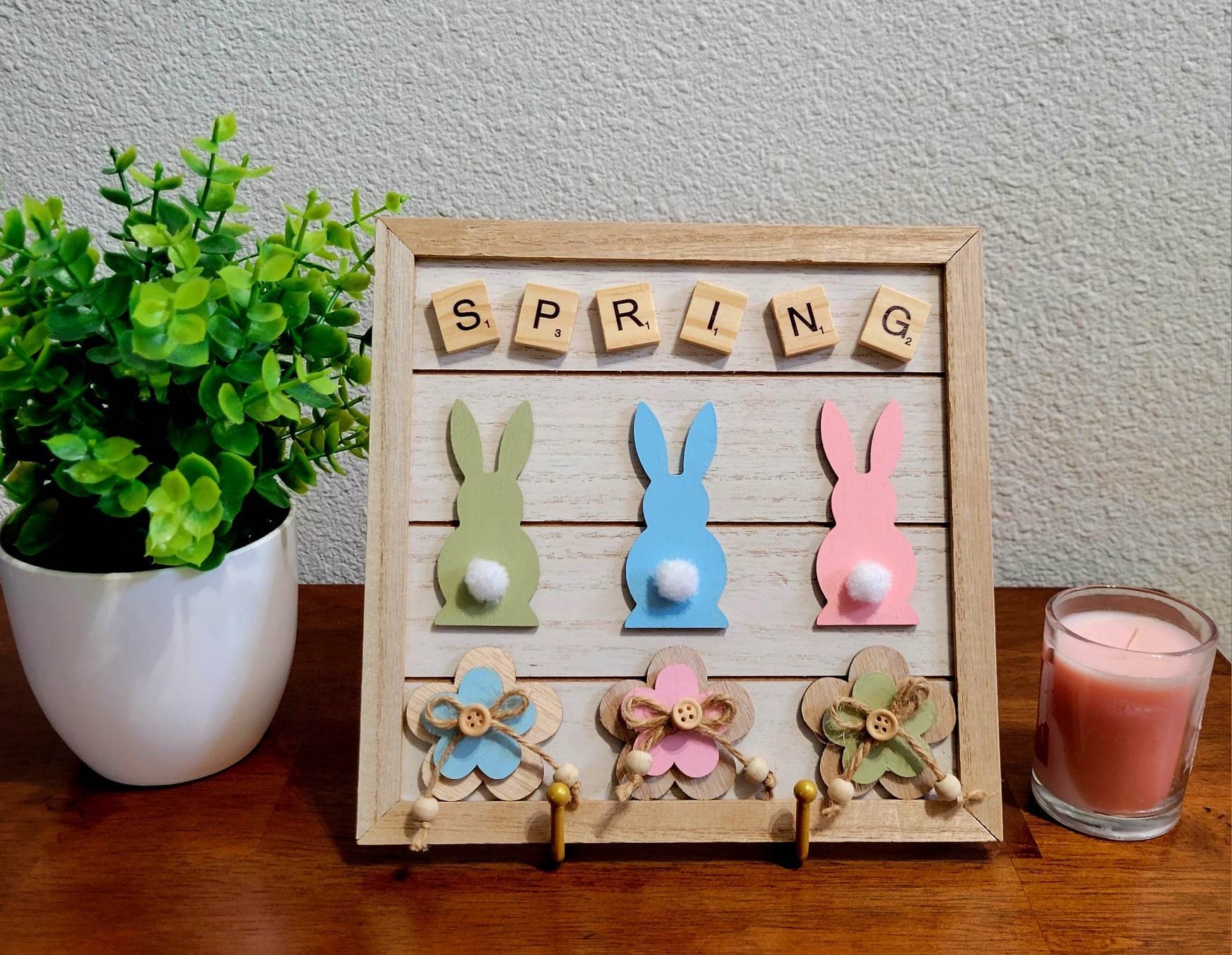Spring Wood Sign With Beaded Hanger Wall Decor Bunny Lovers Handmade ...