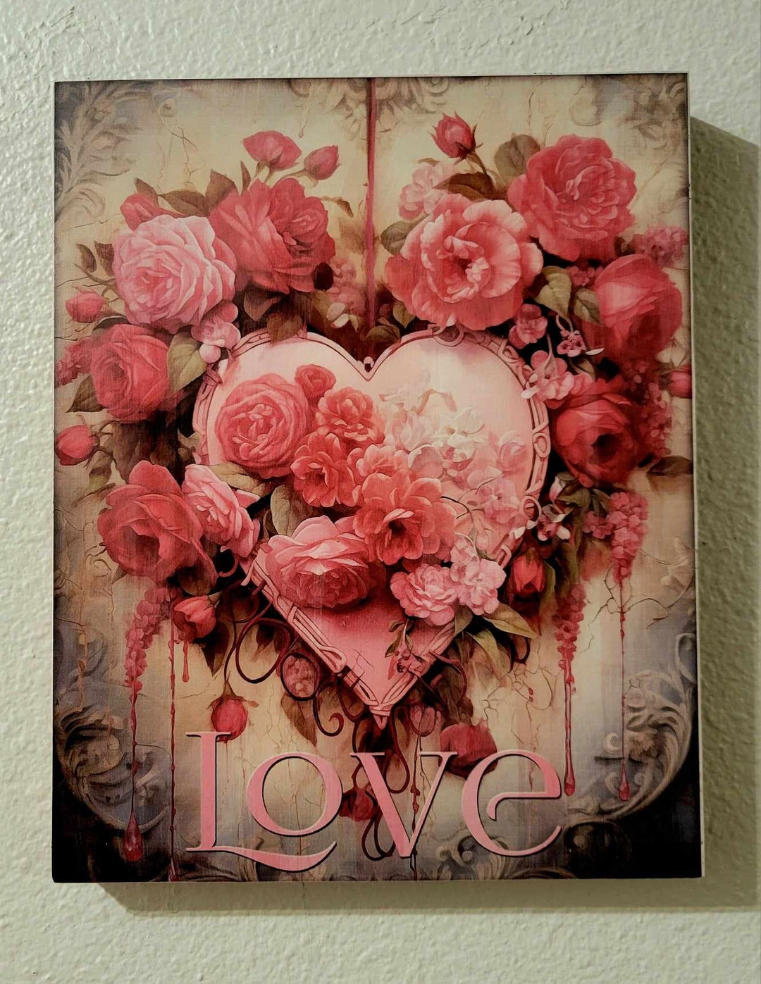 Love Heart and Roses Wood Sign Wall Hanging, Valentine's Day Decor ...
