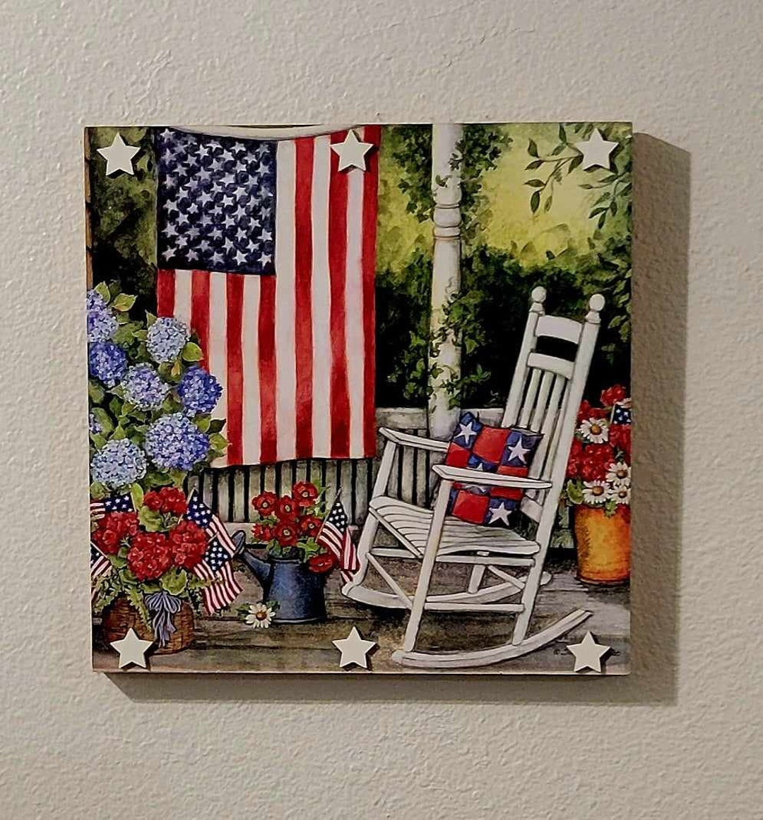Americana Front Porch With Rocking Chair and American Flag Wood Canvas ...