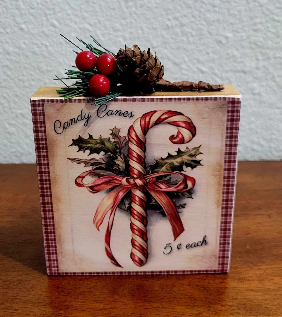 Vintage Candy Cane Wood Block Art Sign Christmas Tier Tray, Shelf ...