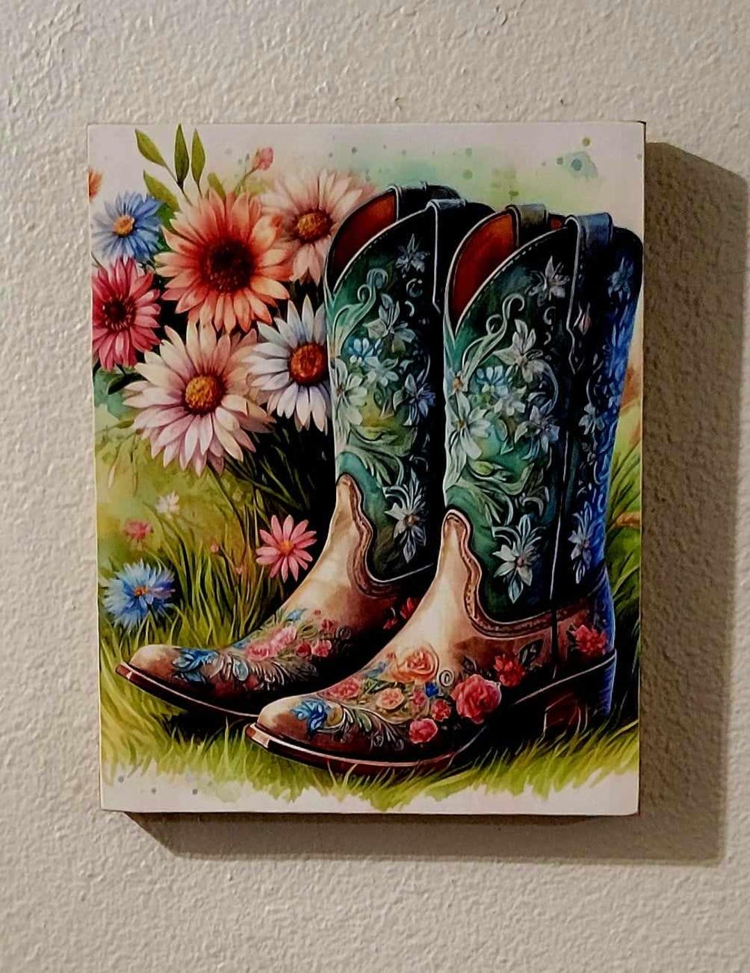 Flowered Cowgirl Boots Wood Canvas Wall Art Sign Country Farmhouse Home ...