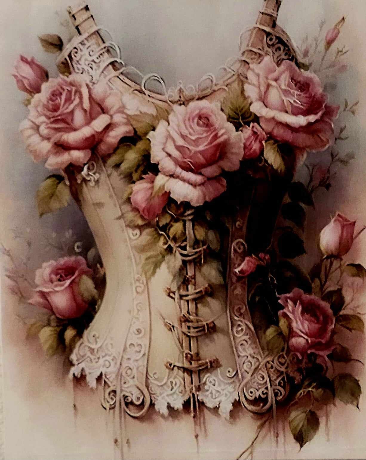 Vintage Corset and Rose Wall Art on Wood Canvas, Shabby Chic Boudoir ...