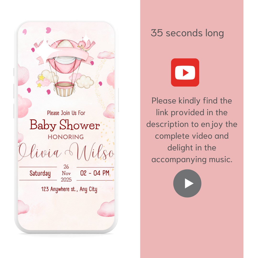 Baby Shower Video Invitation, Airballoon Girl Invitation, New Arrival ...