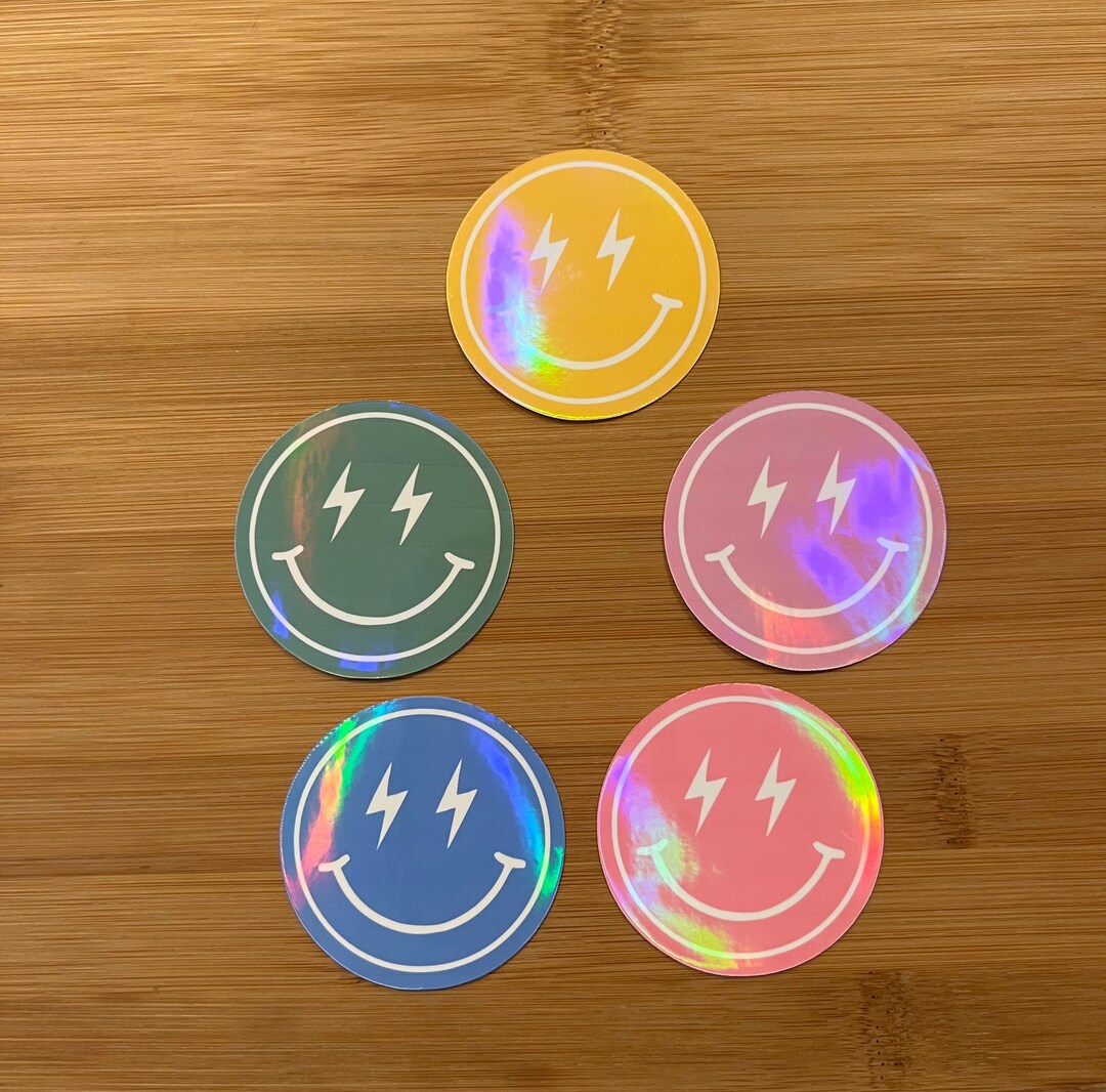 Lightning Bolt Holographic Smiley Face Sticker - Etsy