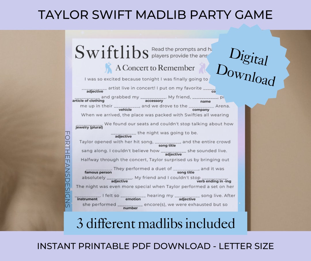 3 Madlibs Taylor Swift Party Game | Printable Swiftie Party Game, KIDS ...