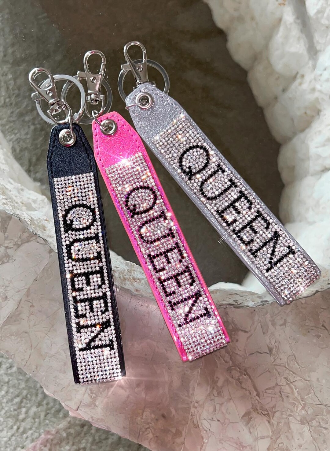 QUEEN Sparkle Wristlet Rhinestone Keychain; Assorted Colors; Pageant ...