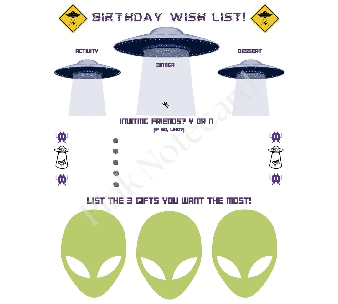 Alien, UFO Birthday Theme, Wish List, Birthday Digital Print, Digital ...