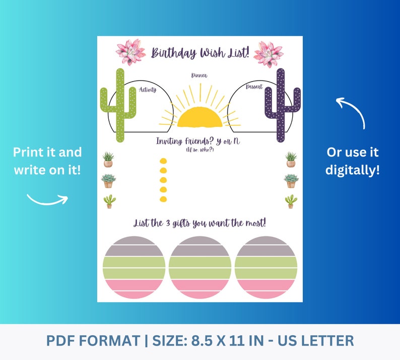 Cactus Succulent BIRTHDAY Theme Wish List Birthday Digital - Etsy