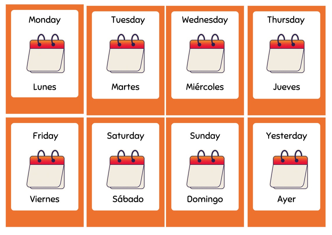 Bilingual Printable Flashcards: English and Spanish | Days of the Week ...