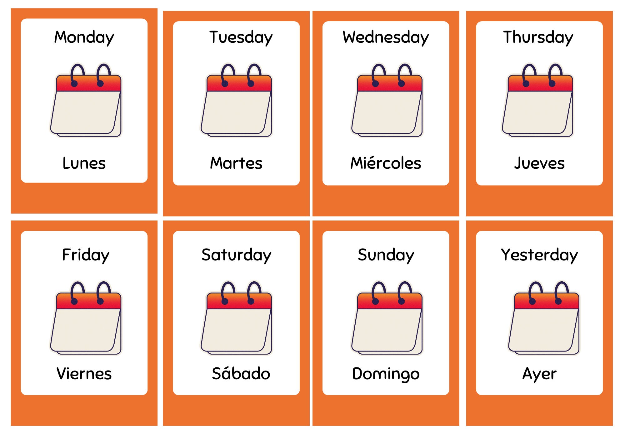 Bilingual Printable Flashcards: English and Spanish | Days of the Week ...