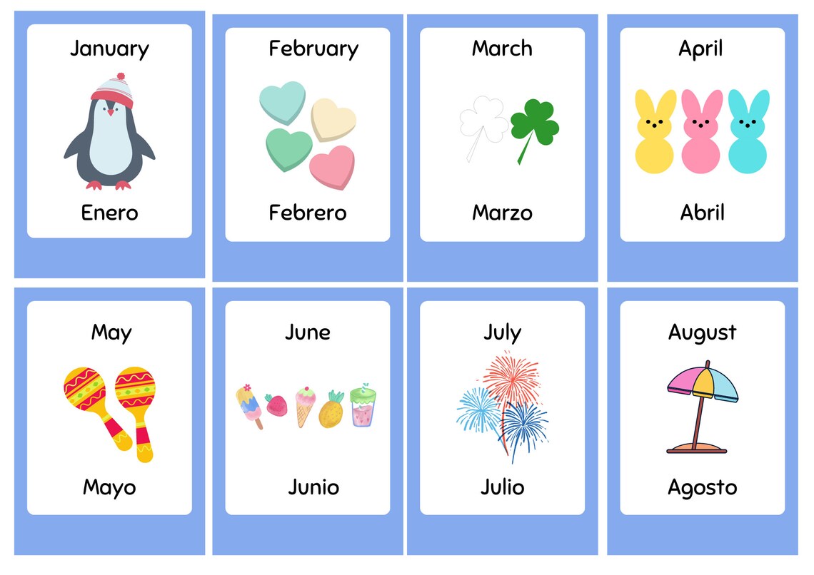 Bilingual Printable Flashcards: English and Spanish | Months of the ...