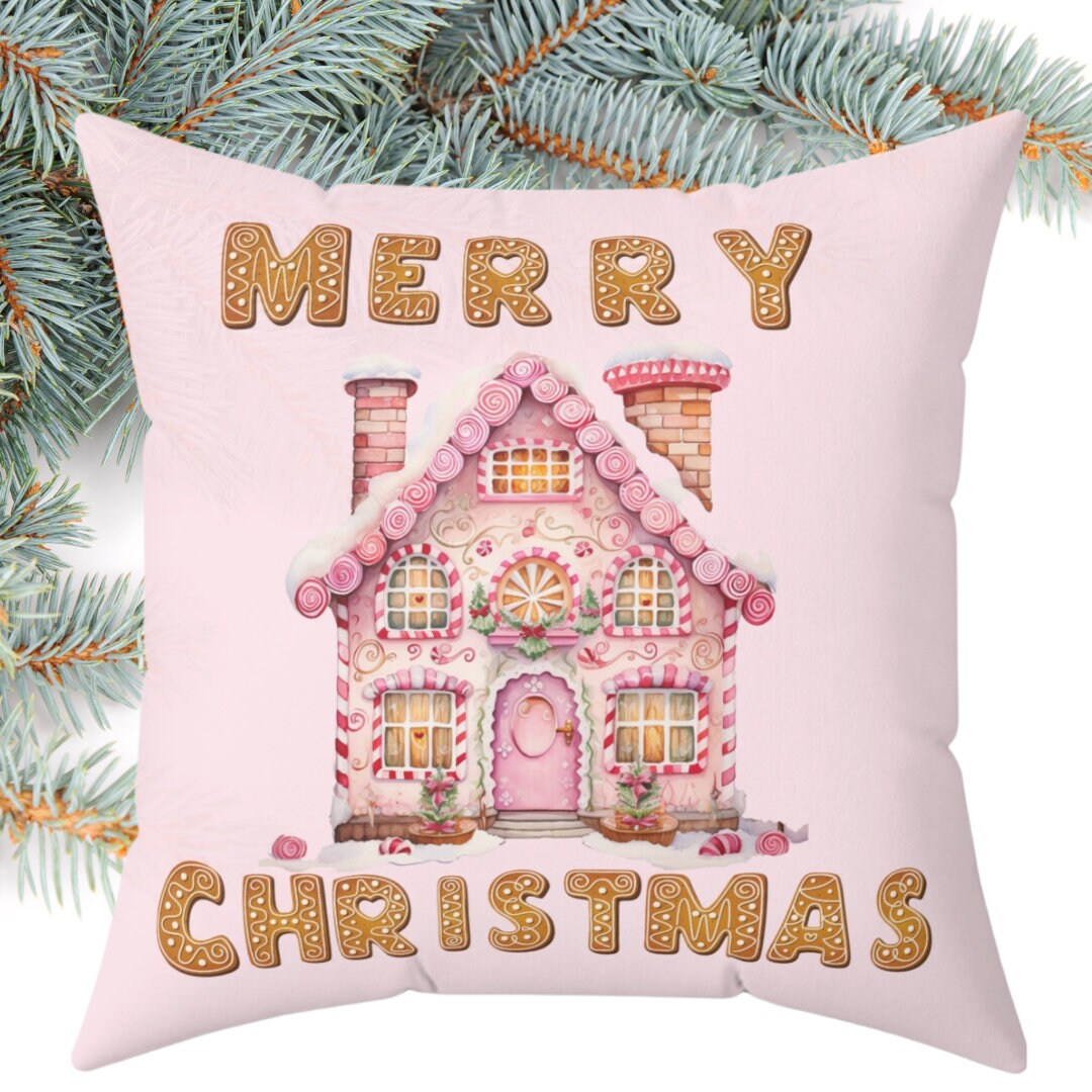 Pink Gingerbread House Throw Pillow, Pink Christmas Decor, Pink ...