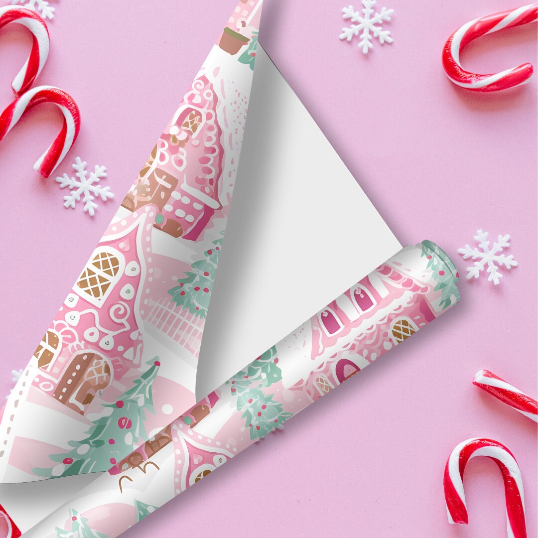 Pink Gingerbread House Wrapping Paper, Sweet Treats Christmas Wrapping ...