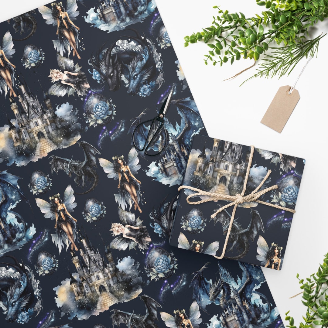 Dragons and Fairies Dark Mythical Wrapping Paper, Novelty Wrapping ...