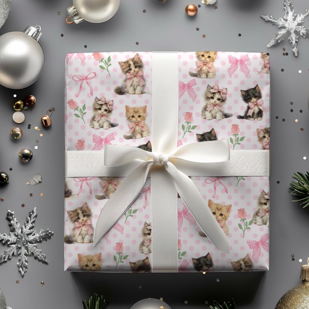 Coquette Kitten Gift Wrapping Paper, Kitten and Bow Gift Wrap, Pink ...