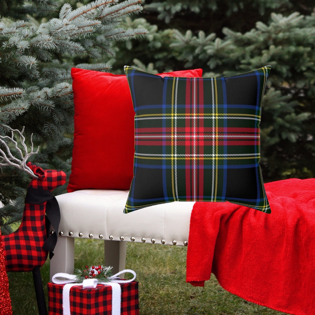 Preppy Black Stewart Tartan Plaid Throw Pillow, Black Plaid Throw ...