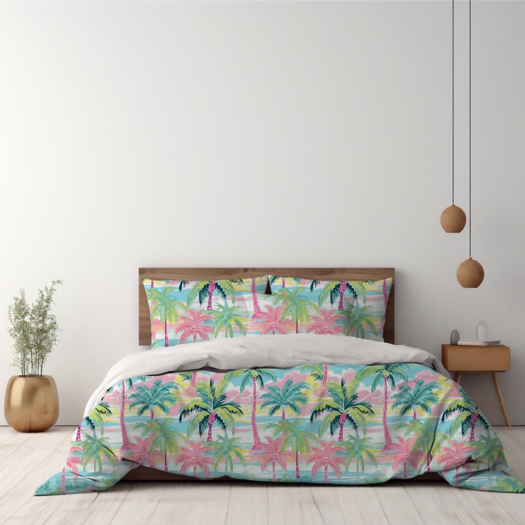Preppy Pastel Palm Tree Duvet Cover, Southern Coastal, Teen Room Decor ...