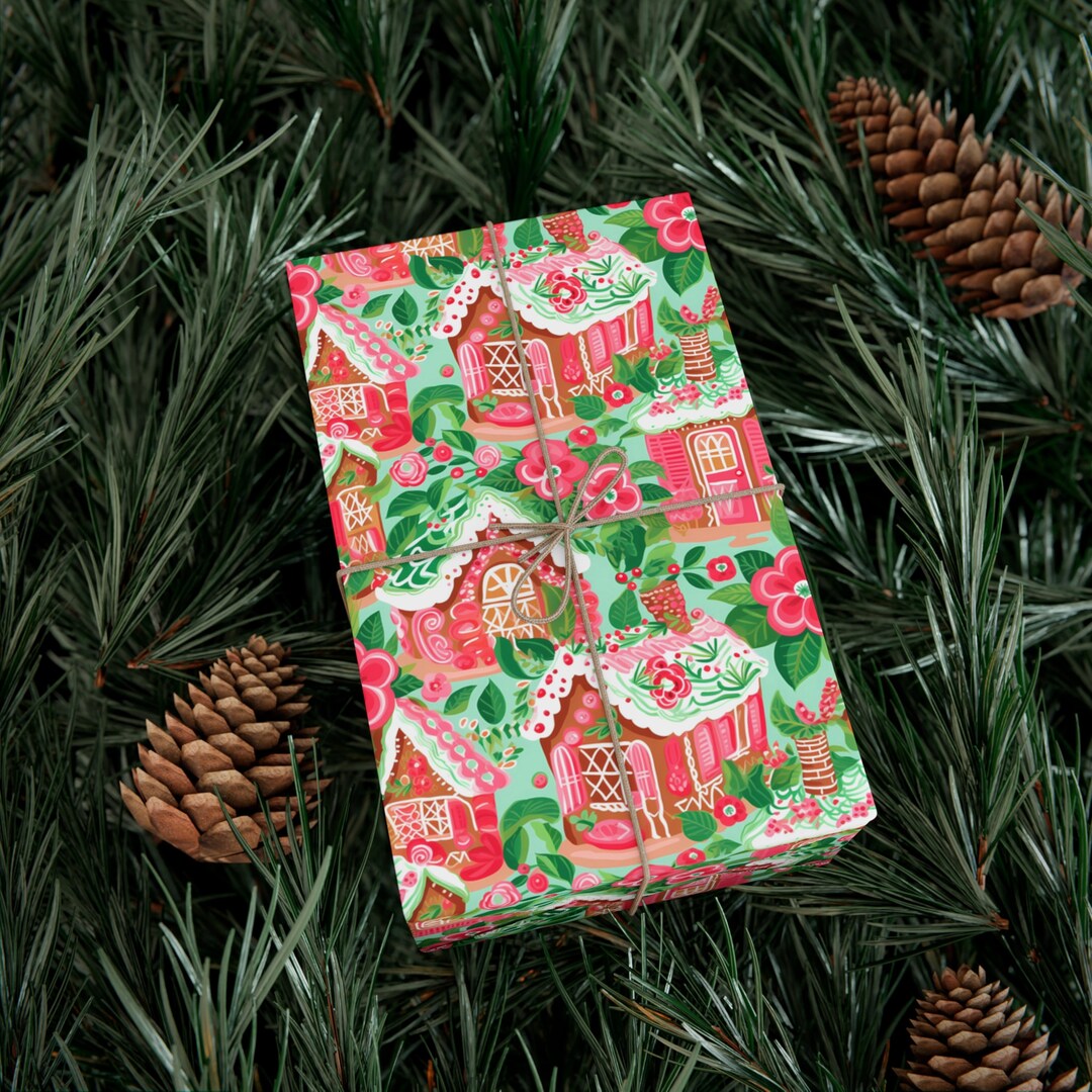 Pink Gingerbread House Wrapping Paper, Preppy Christmas Wrapping Paper ...