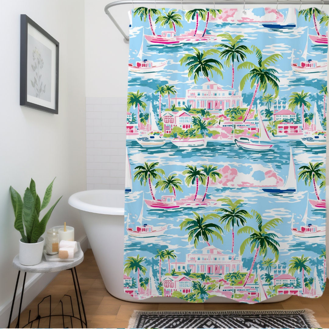 Preppy Coastal Print Shower Curtain, Preppy Shower Curtain, Beachy ...